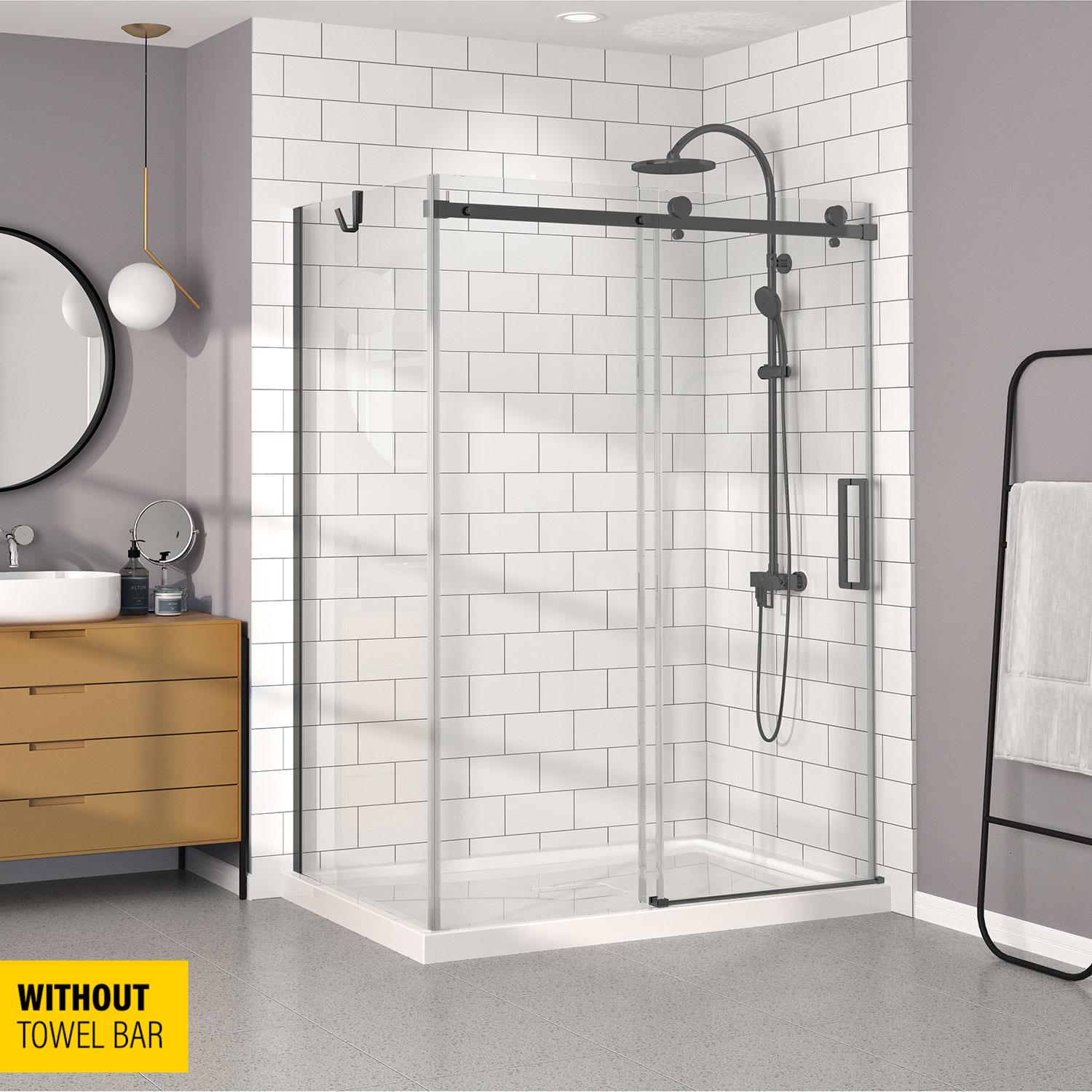 Shower door 60" x 36", in a corner closing on wall, wall on the right, in gunmetal